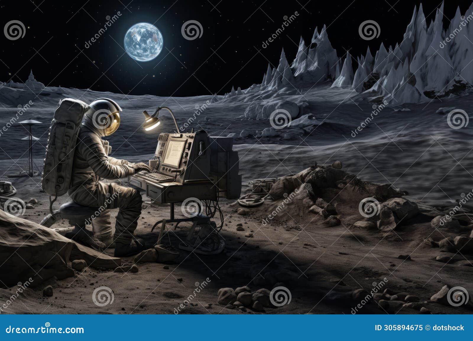 An Astronaut Utilizes a Computer on Mars during the Serene Martian ...