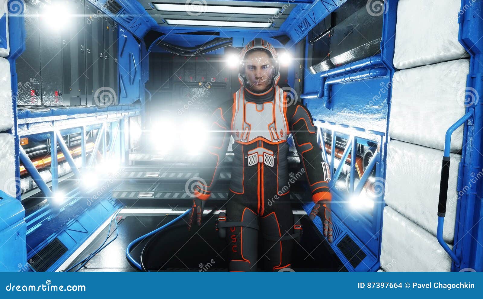 Astronaut Walk in Sci-fi Interior. Martian. Sci -fi Concept. 3d ...