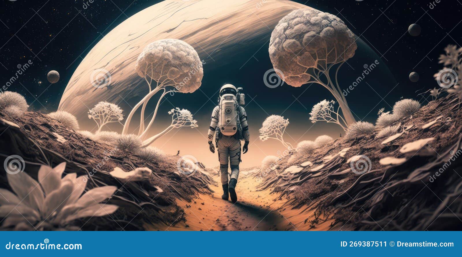 Astronaut Walking on a Alien Planet in Deep Space Stock Illustration ...