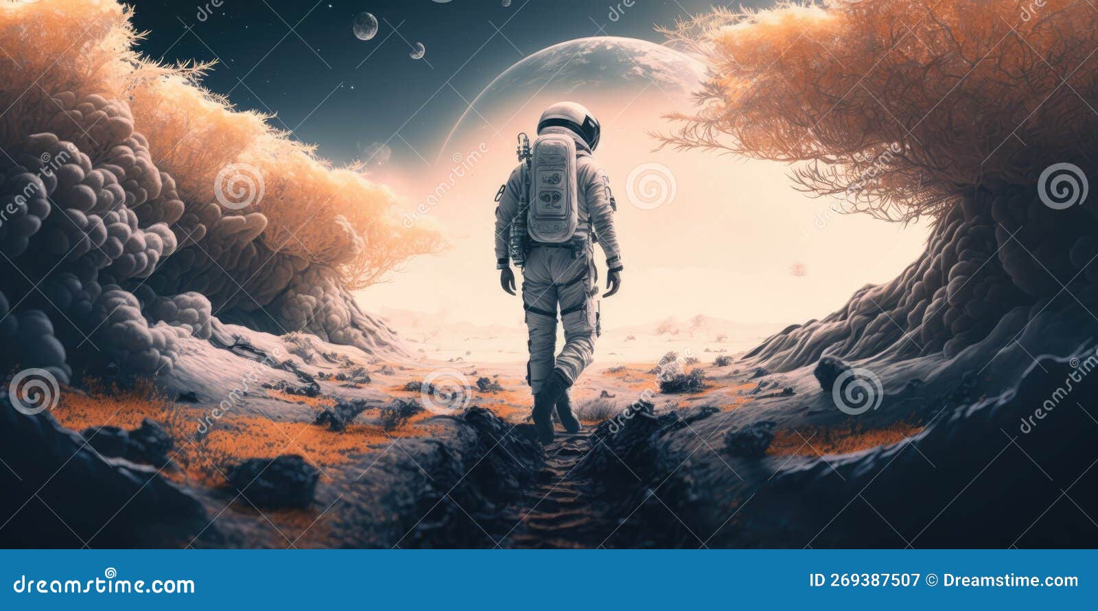 Astronaut Walking on a Alien Planet in Deep Space Stock Illustration ...