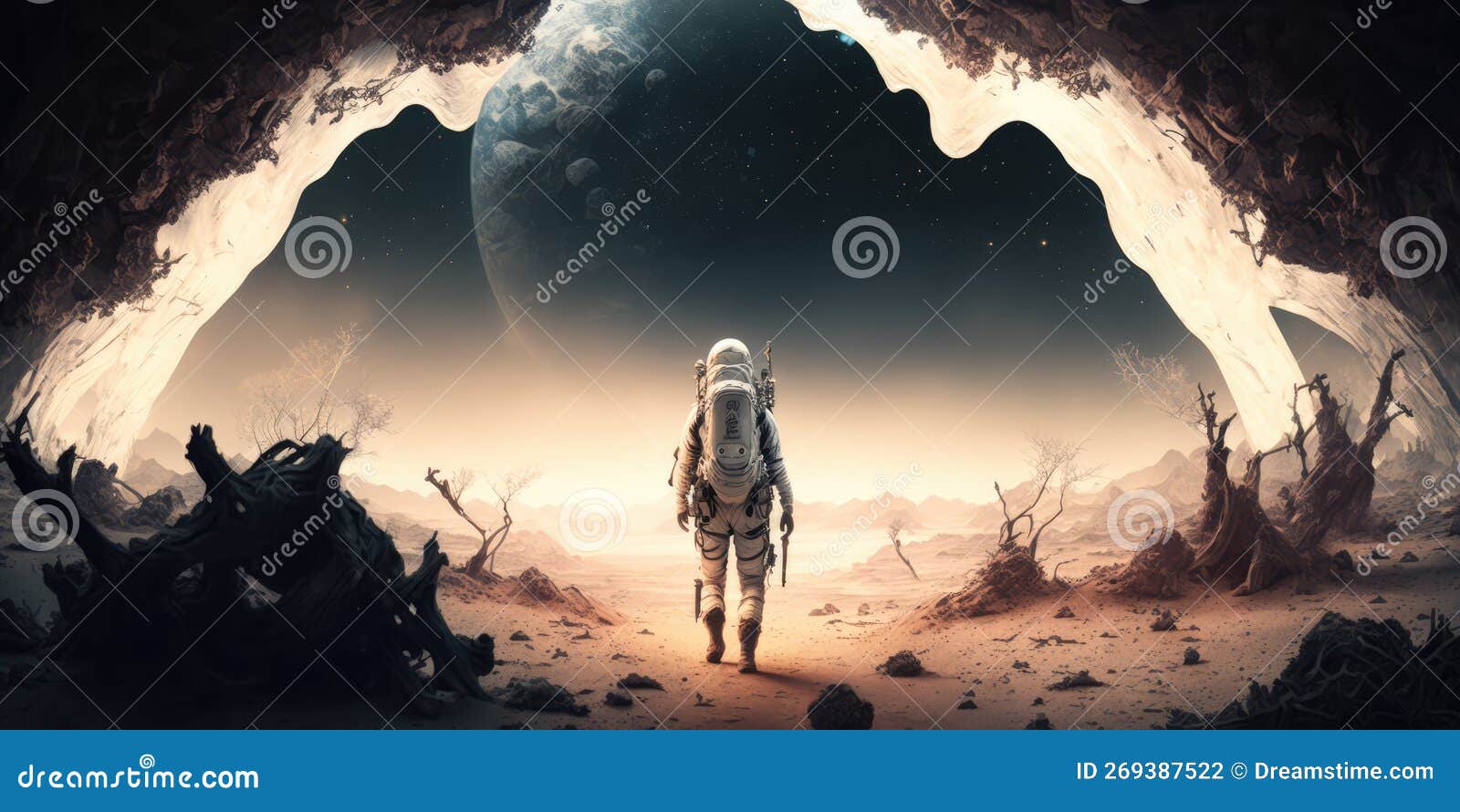 Astronaut Walking on a Alien Planet in Deep Space Stock Illustration ...