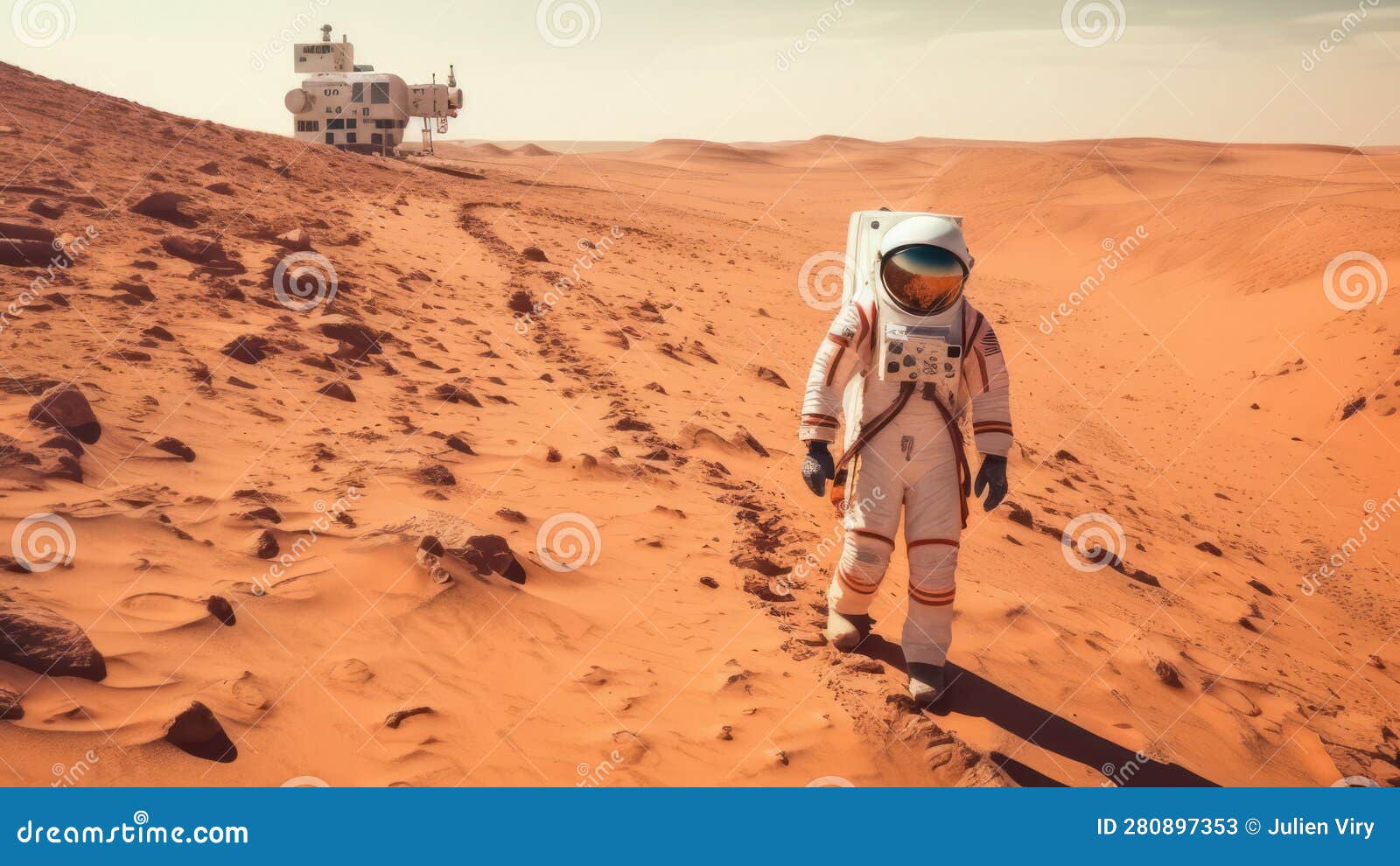 Astronaut Walking on Mars Planet Surface with Base in Background ...