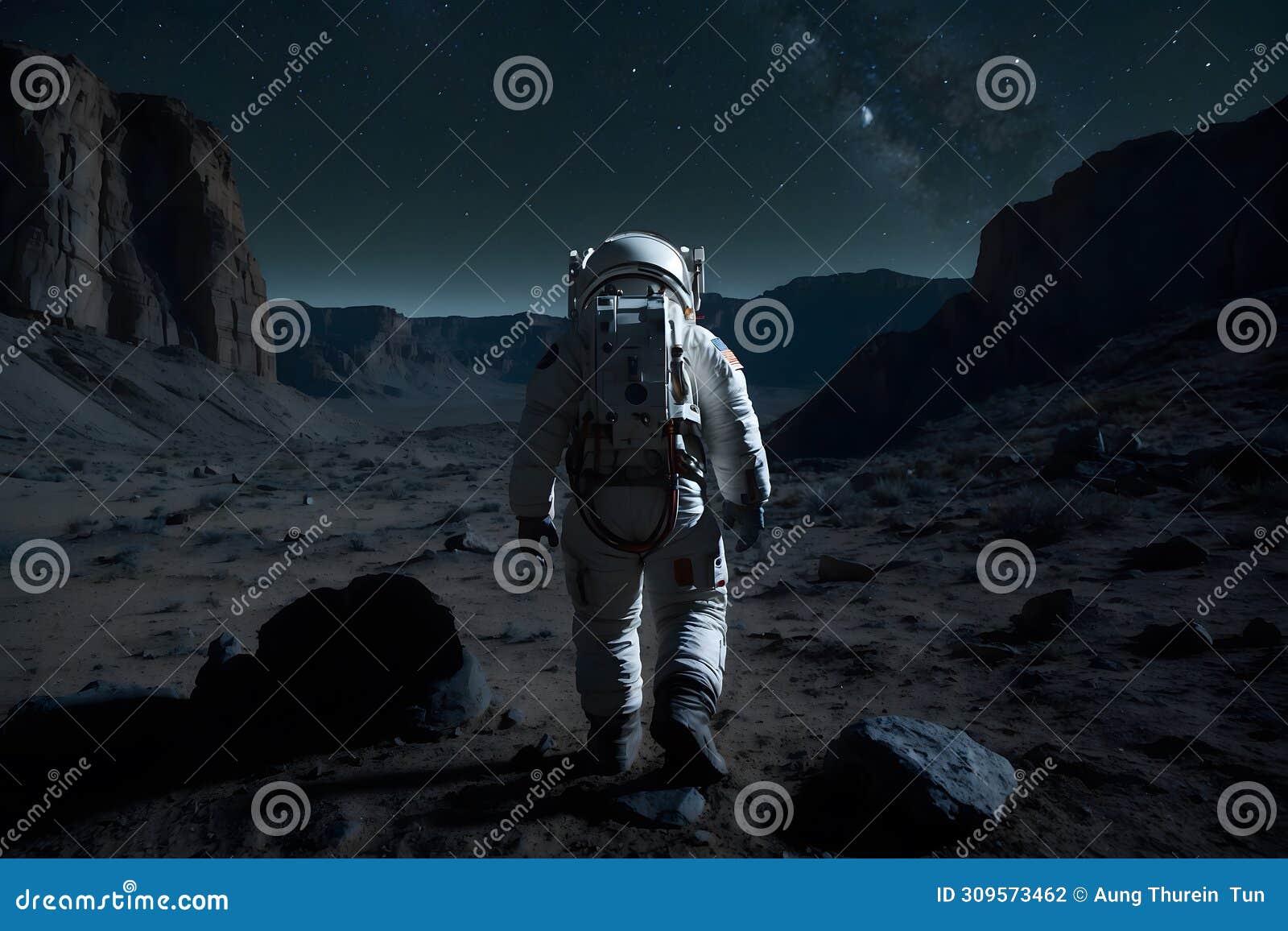 An Astronaut Walking on a Rough Planet at Night Stock Photo - Image of ...