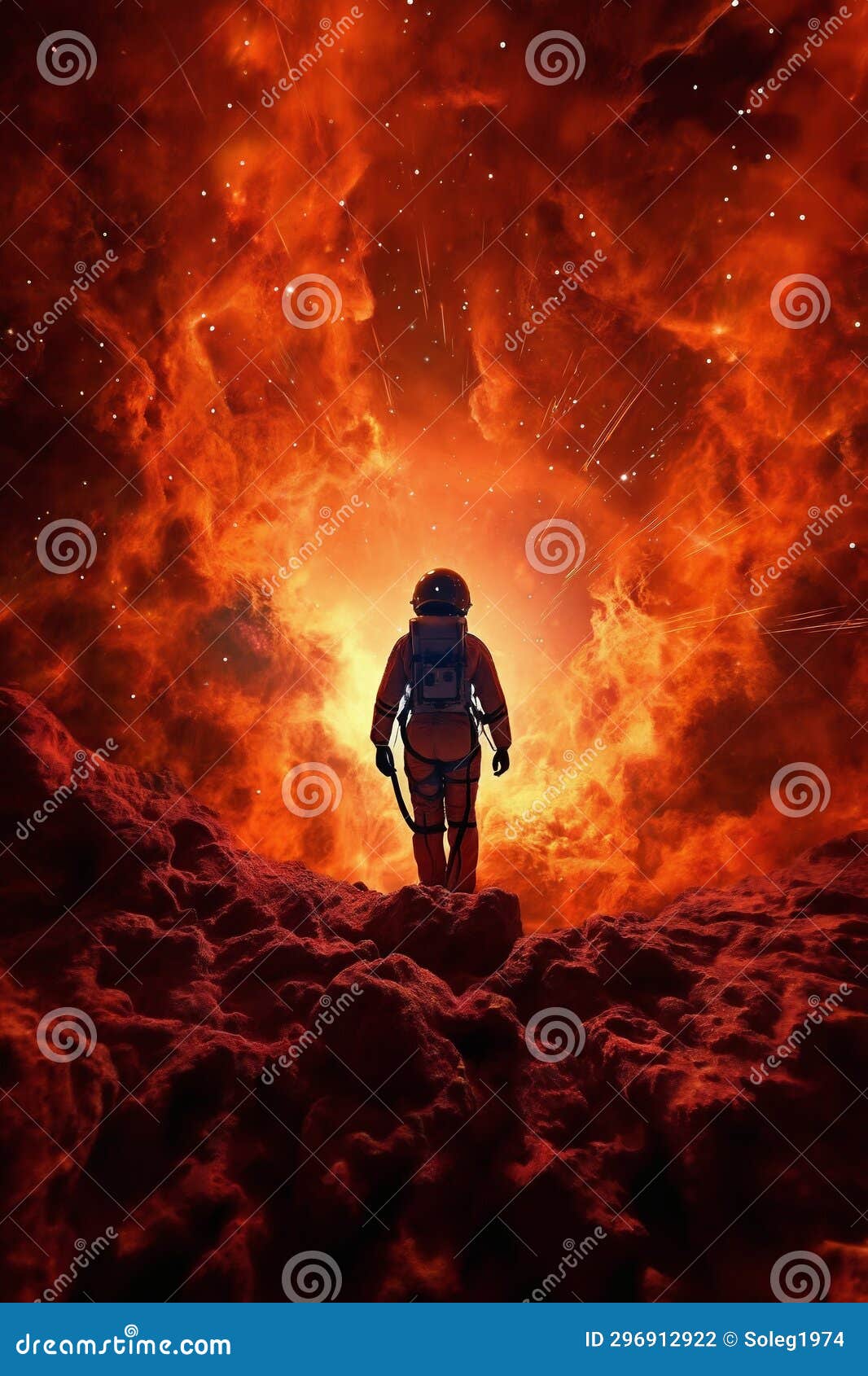 Astronaut Walking on a Planet in Outer Space, Light Effects, Stars and ...