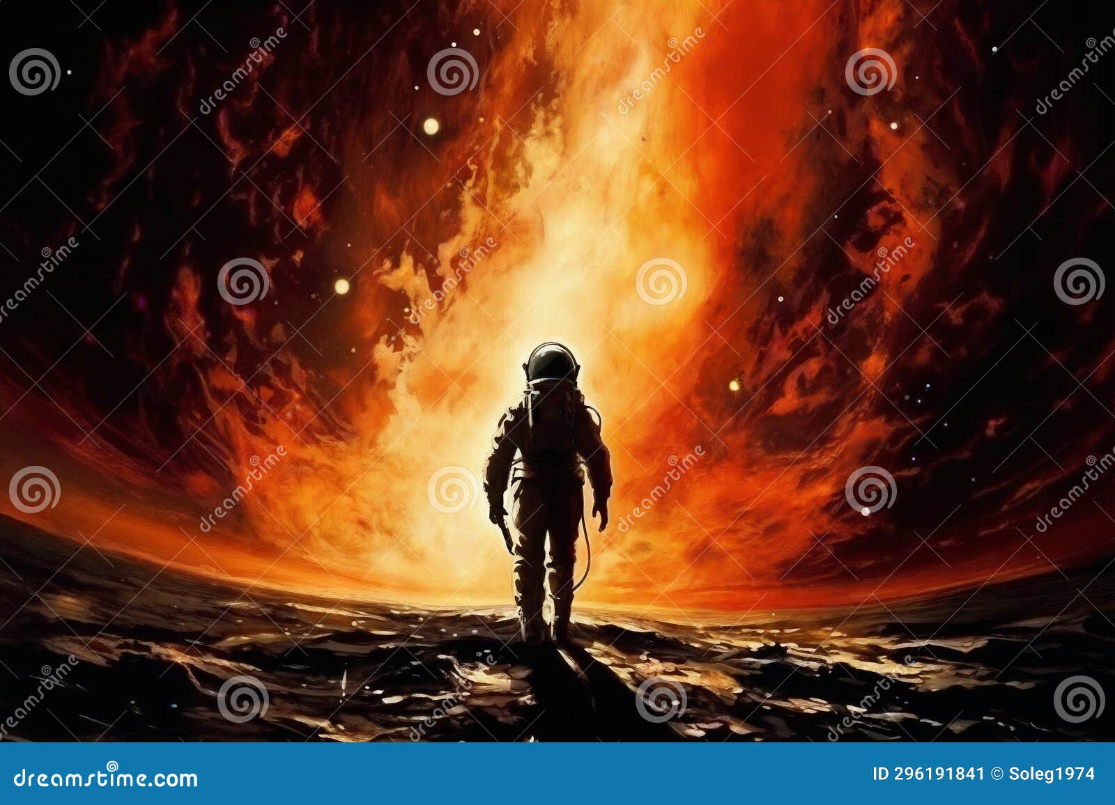 Astronaut Walking On A Planet In Outer Space, Light Effects, Stars And ...