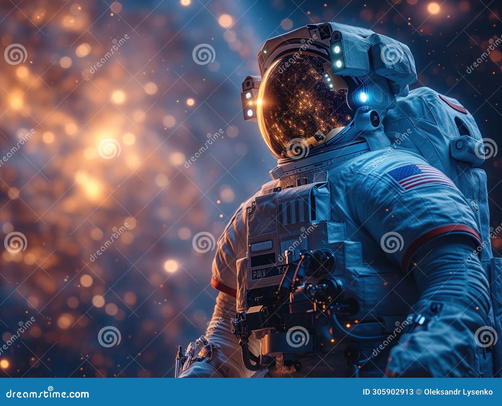 Astronaut Walking On A Planet In Outer Space, Light Effects, Stars And ...