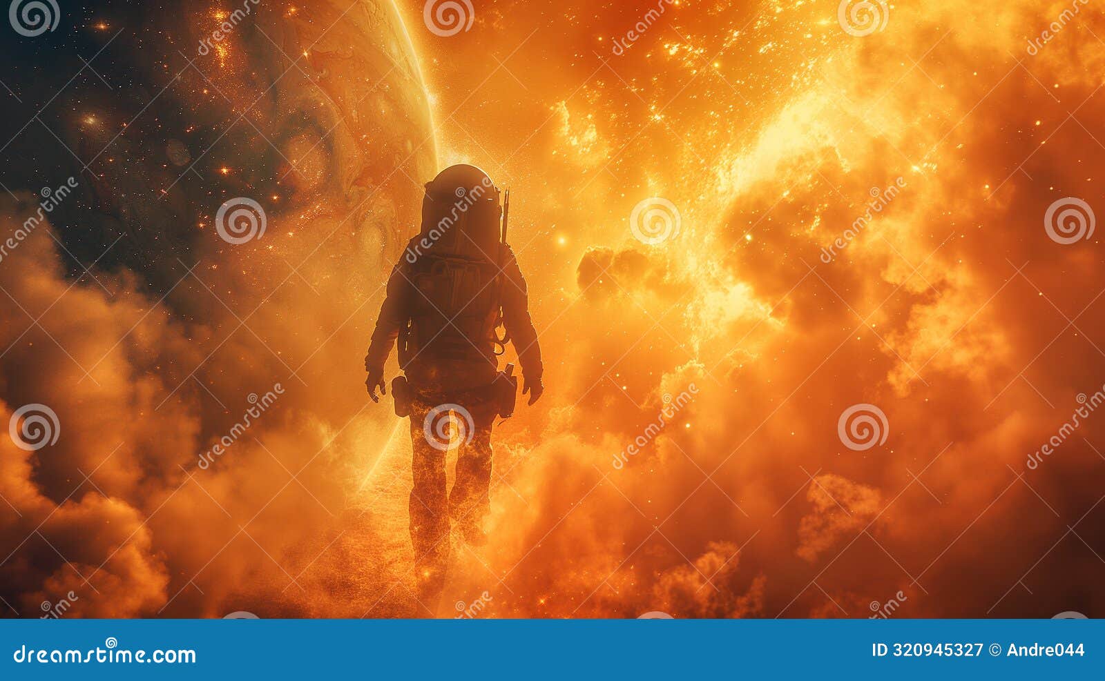 Astronaut Walks On A Burning Exploding Space Planet. Royalty-Free Stock ...