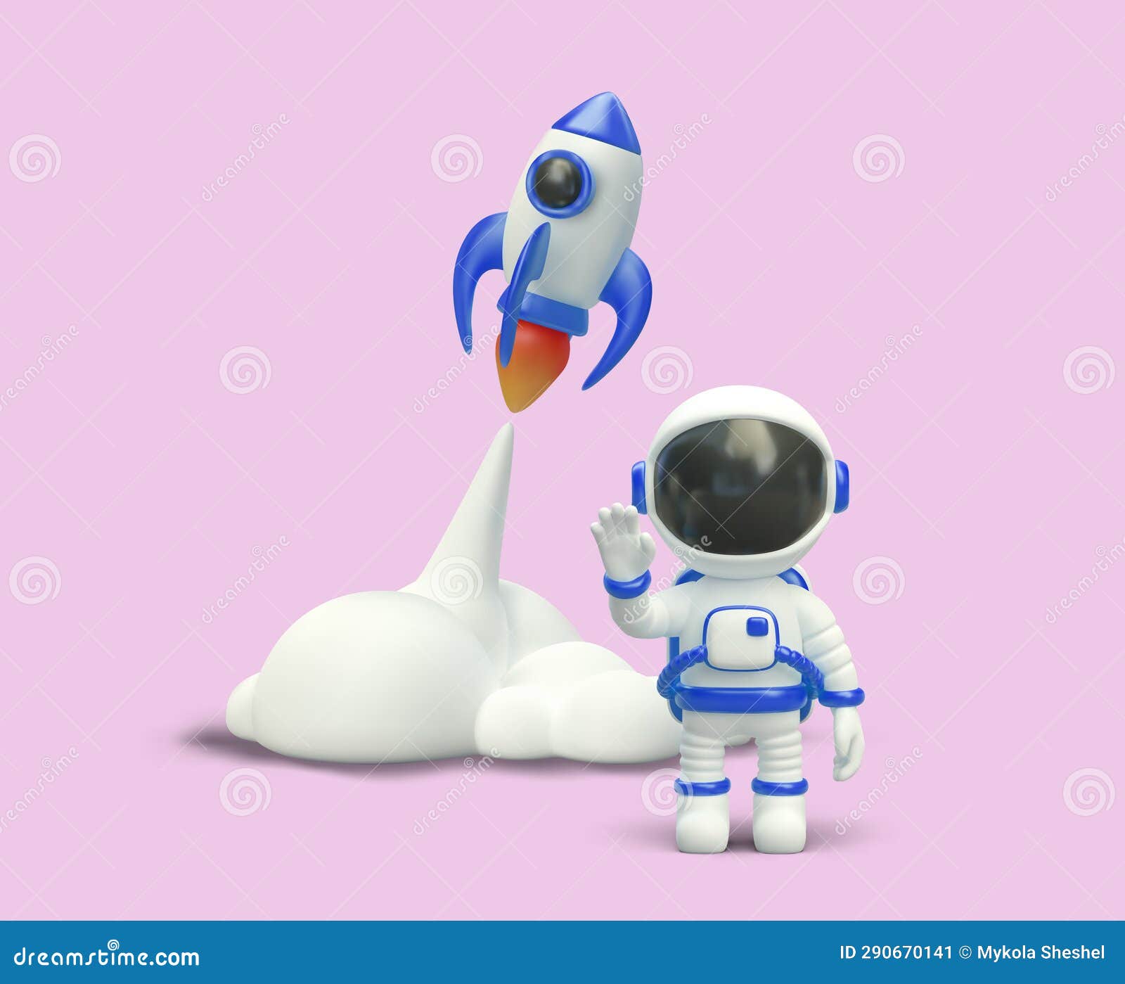 Astronaut Waves Goodbye during Launch of Space Rocket. Expedition into ...