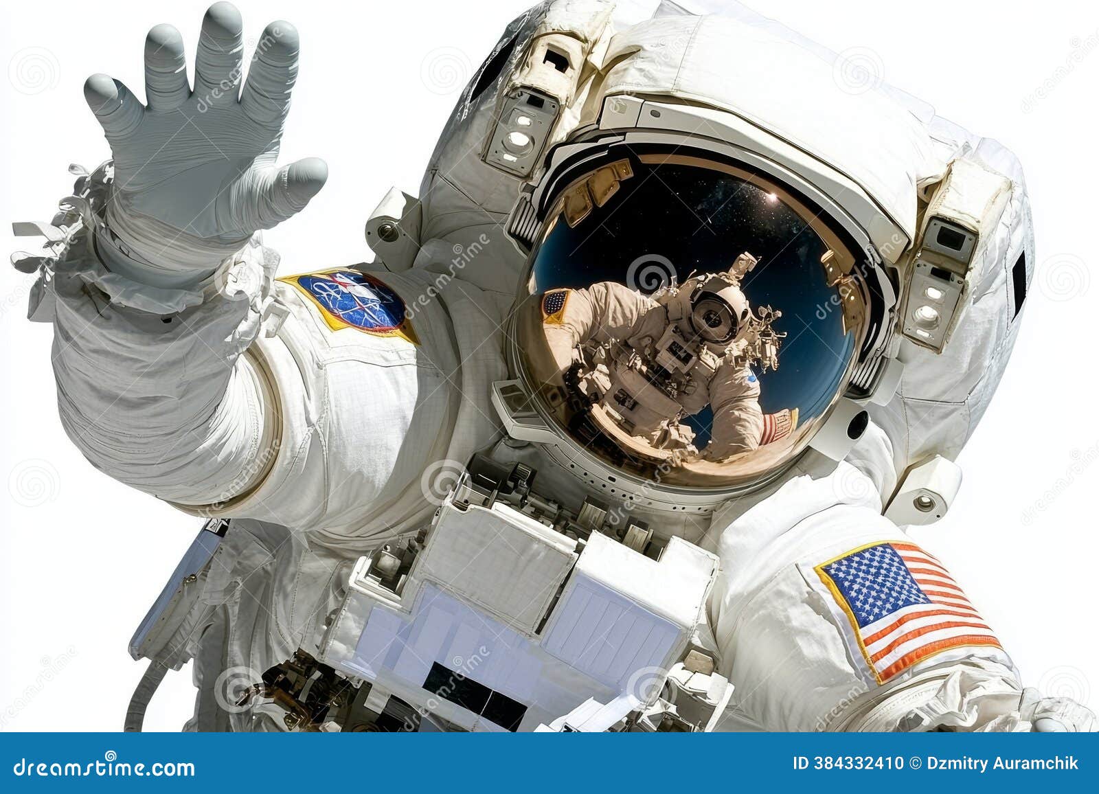 Astronaut Wearing Orange Spacesuit And Helmet Showing Biceps Gesture ...