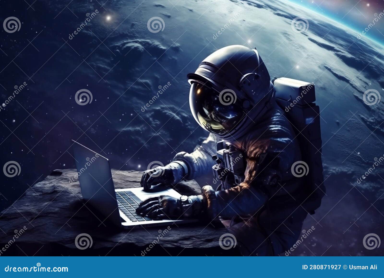 Astronaut Working on Laptop in Outer Space. AI Stock Illustration ...