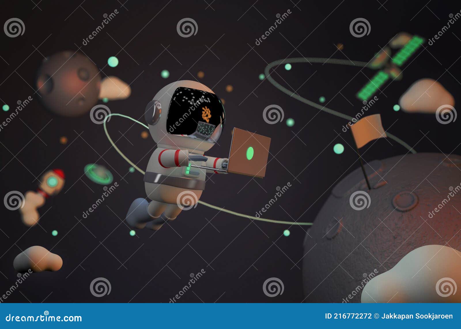 Astronaut Working on Laptop in Zero Gravity Space 3d Rendering Stock ...