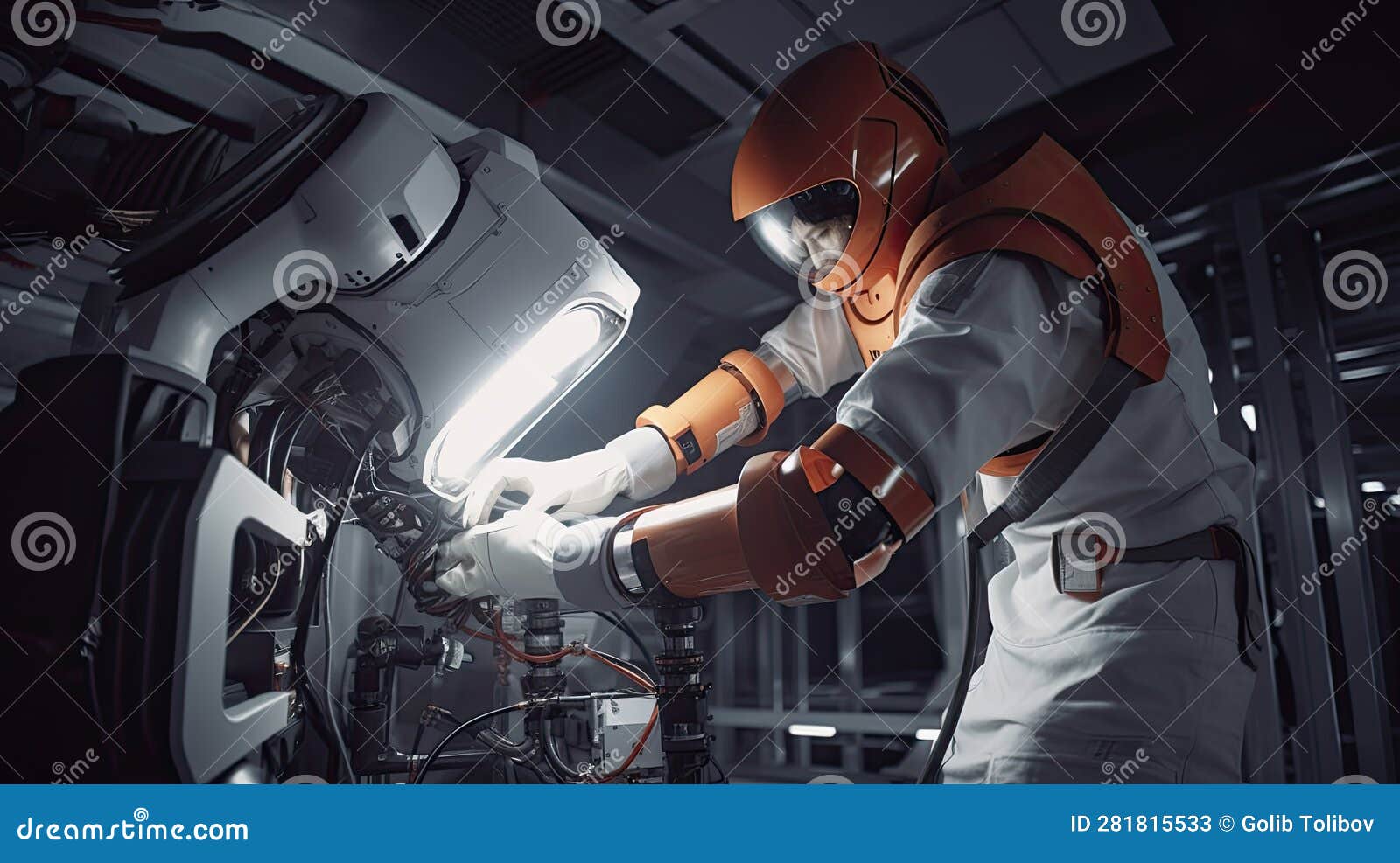 An Astronaut Working with a Robot in a Room Stock Illustration ...