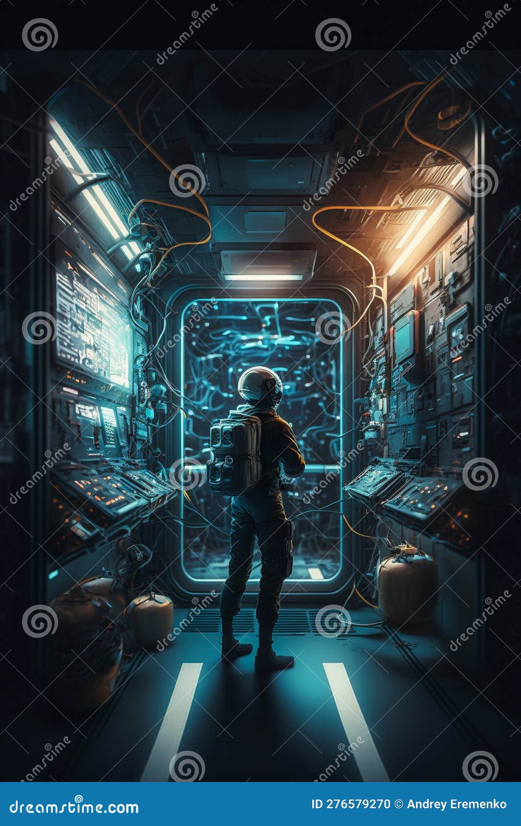 Astronaut Working at Space Station in Front of Rack with Servers ...