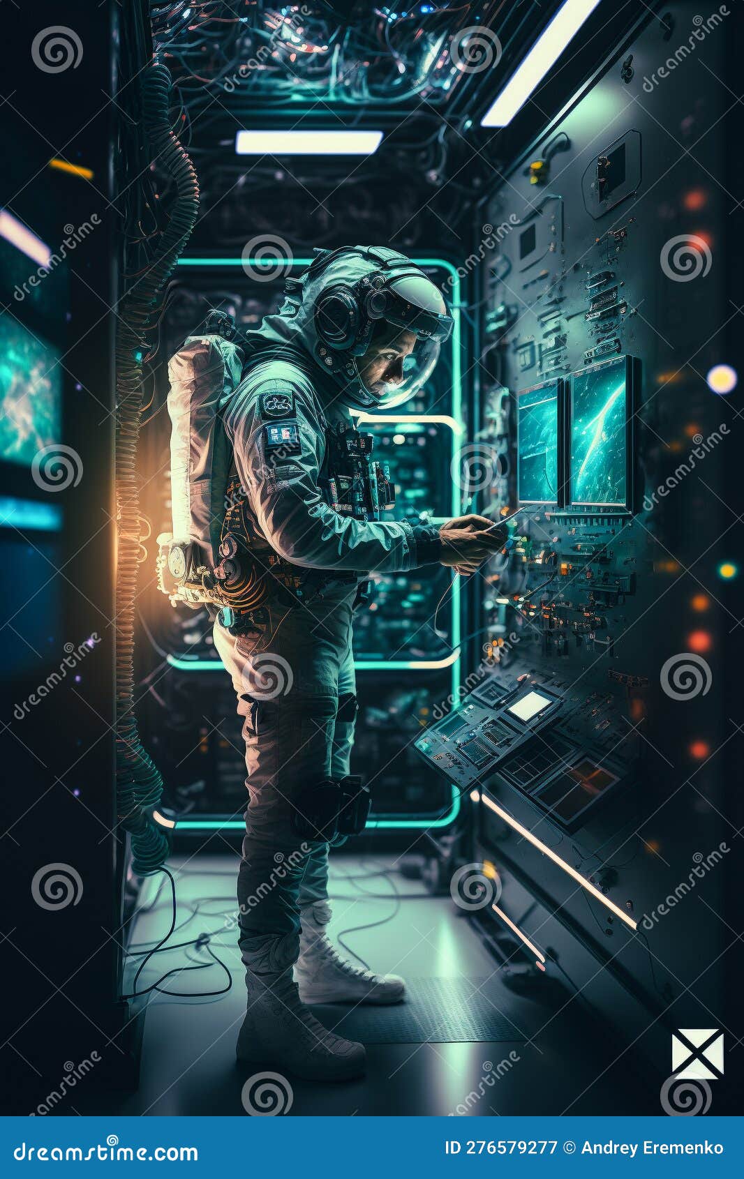 Astronaut Working At Space Station In Front Of Rack With Servers ...