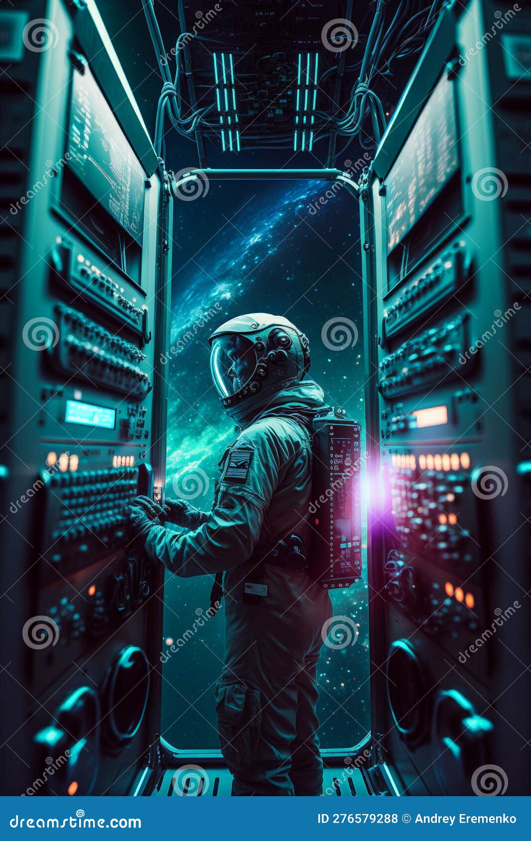 Astronaut Working at Space Station in Front of Rack with Servers ...