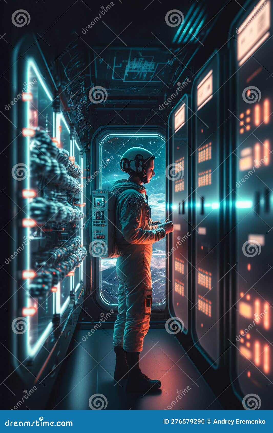 Astronaut Working At Space Station In Front Of Rack With Servers ...