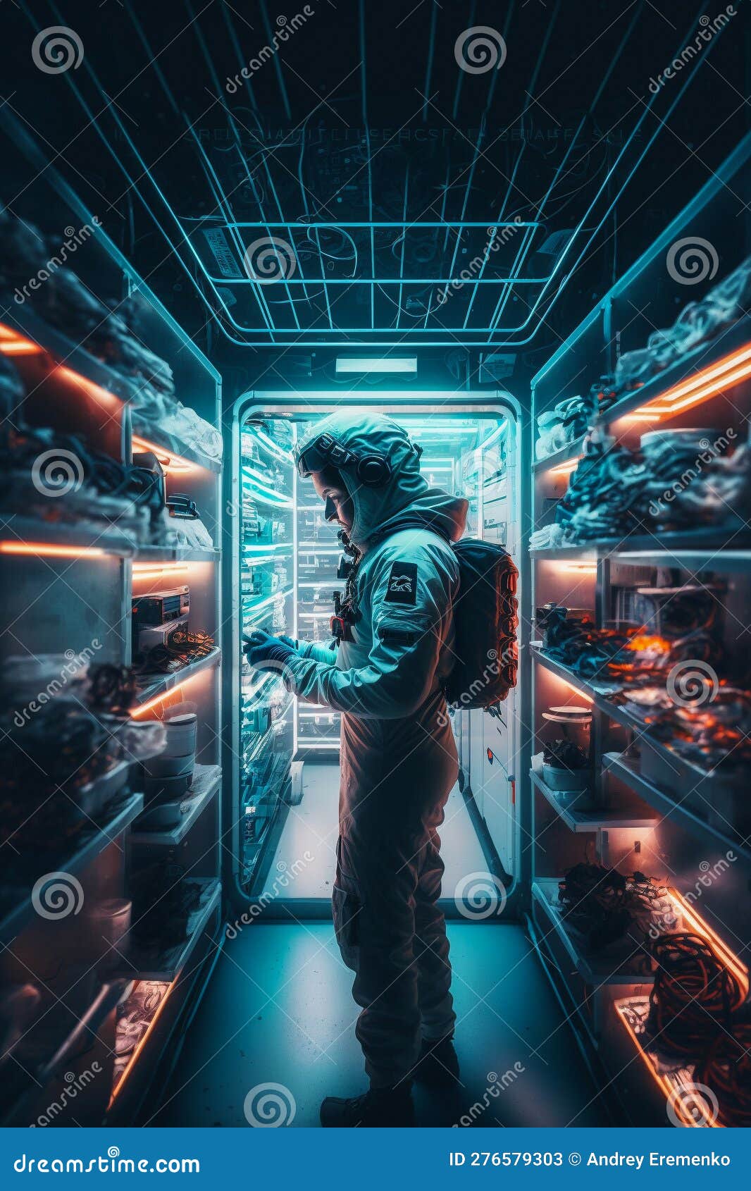 Astronaut Working at Space Station in Front of Rack with Servers ...