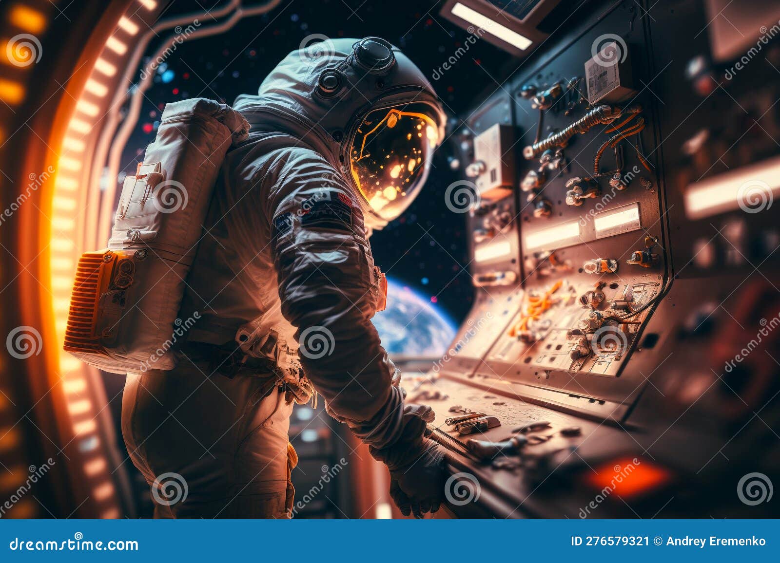 Astronaut Working at Space Station in Front of Rack with Servers ...