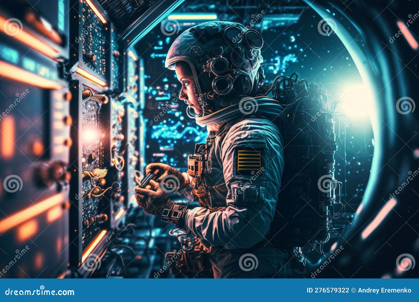 Astronaut Working at Space Station in Front of Rack with Servers ...