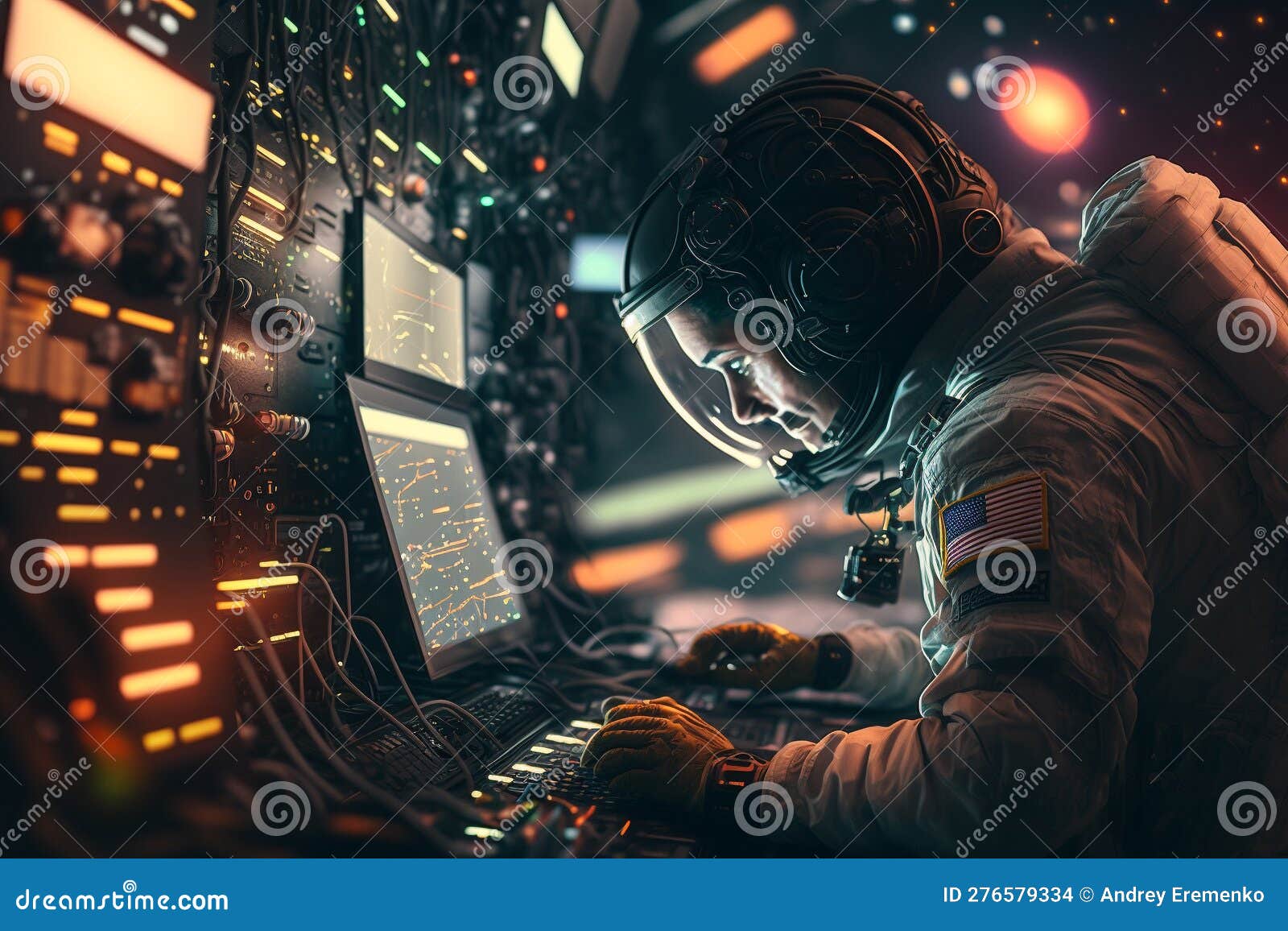 Astronaut Working at Space Station in Front of Rack with Servers ...