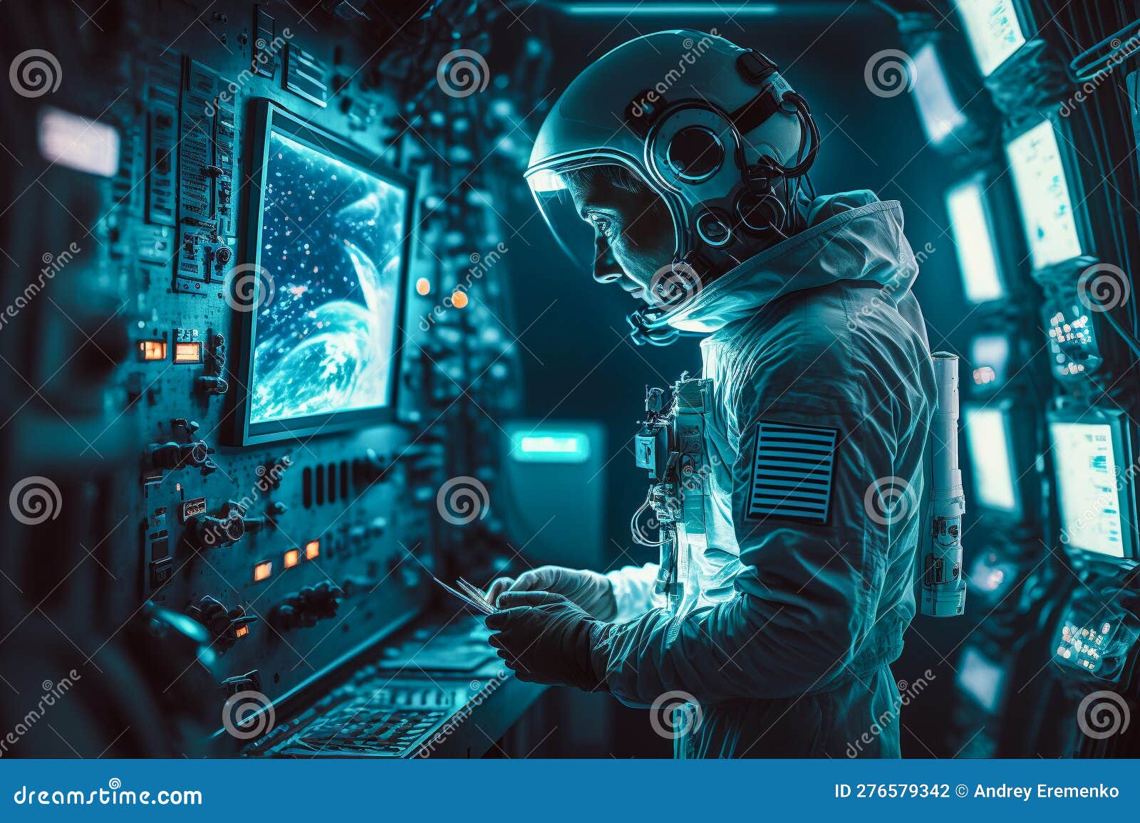Astronaut Working at Space Station in Front of Rack with Servers ...