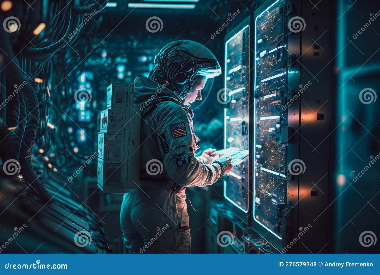 Astronaut Working at Space Station in Front of Rack with Servers ...