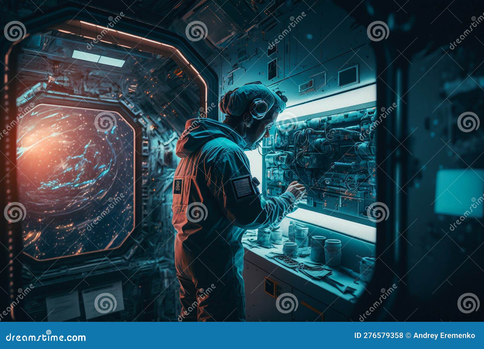 Astronaut Working at Space Station in Front of Rack with Servers ...