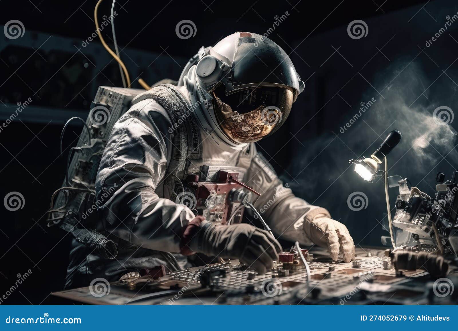 Astronaut Working on Spaceship with Tools, Repairing or Replacing Parts ...
