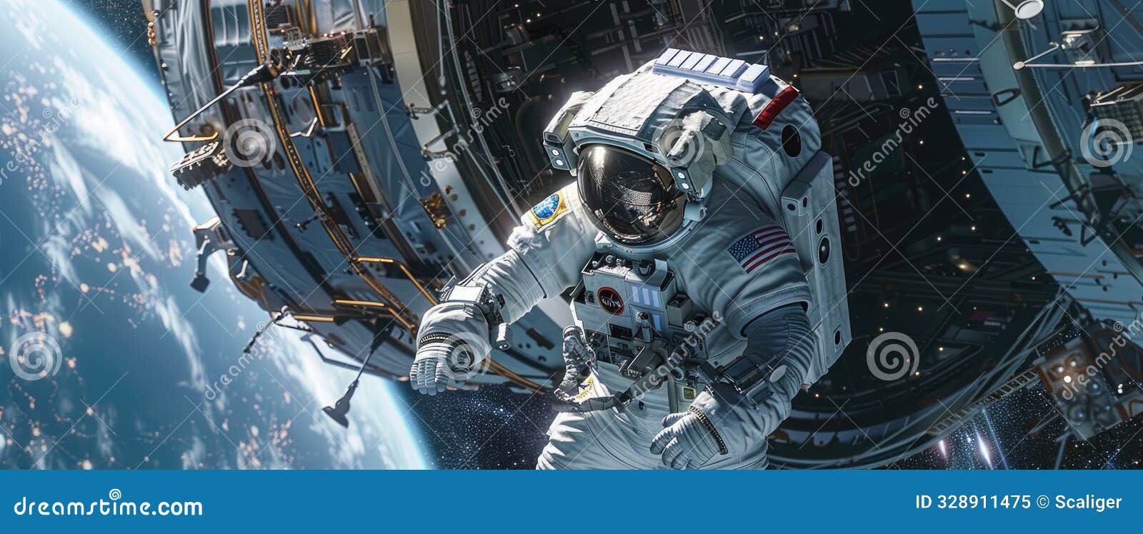 Astronaut Working in Zero Gravity Against Earth, Spaceman Floating ...