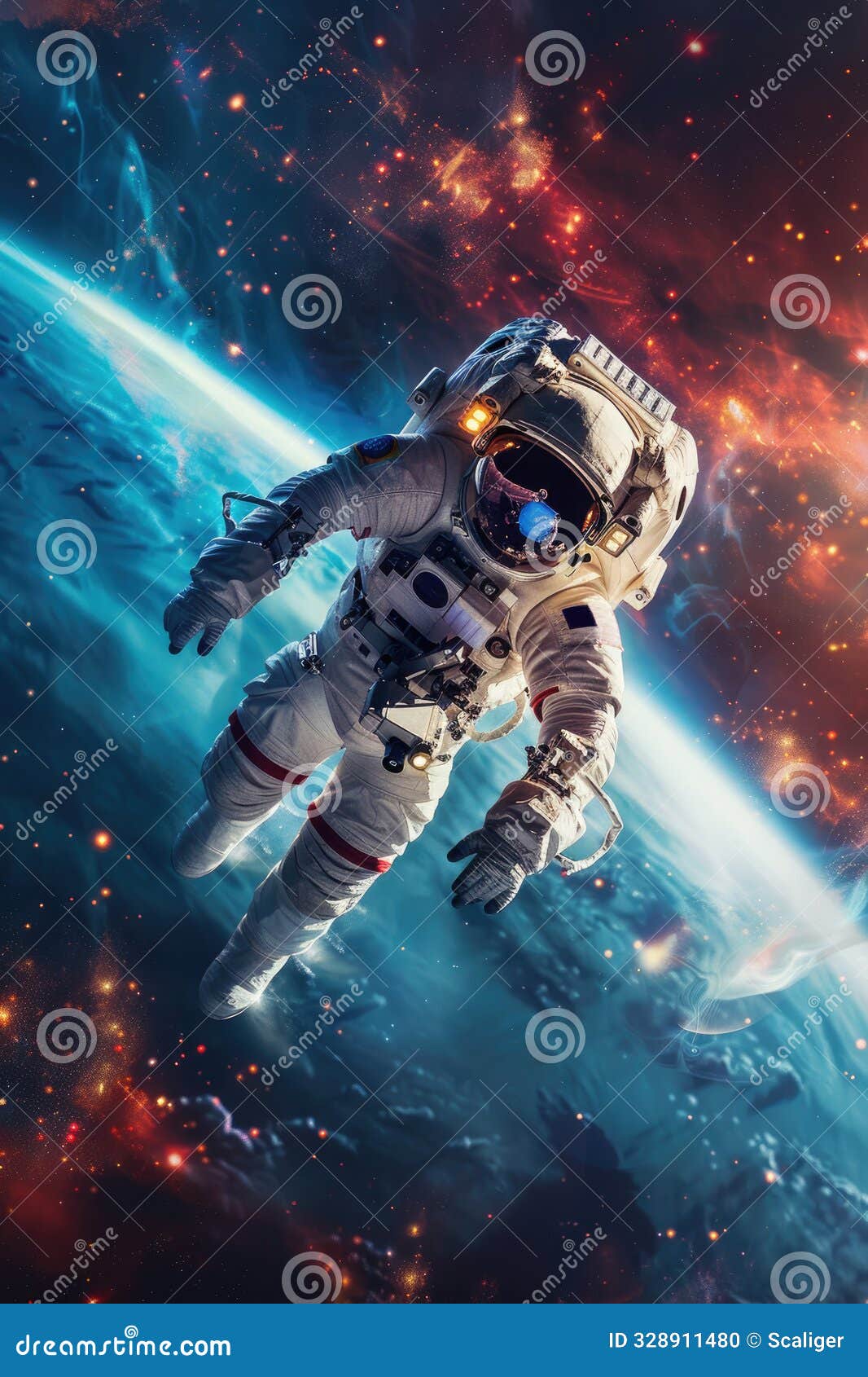 Astronaut Working in Zero Gravity Against Earth and Stars, Spaceman ...