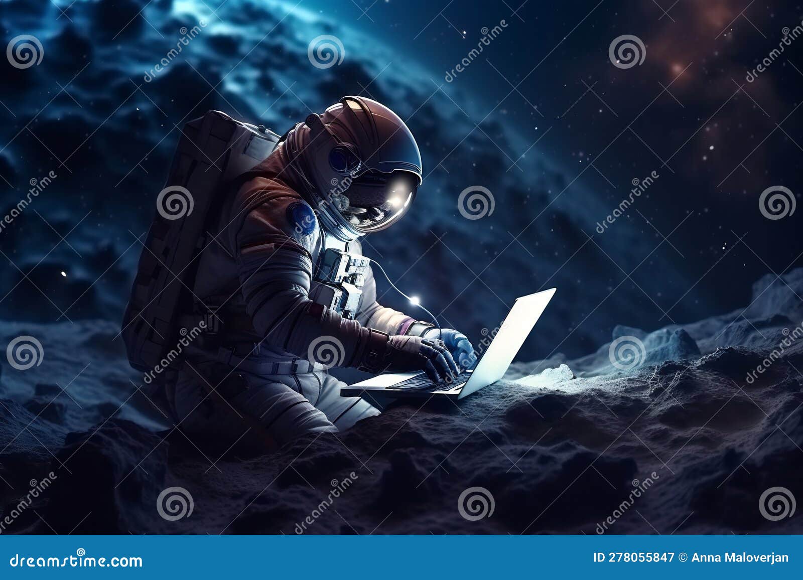 An Astronaut Works on His Laptop in Space. Stock Illustration ...