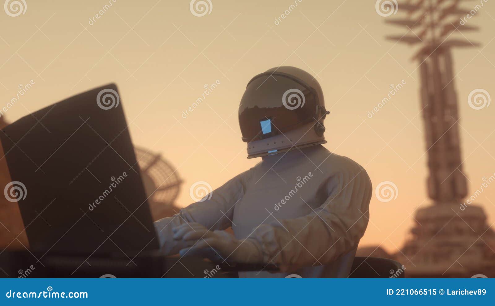 Astronaut Works on His Science Laptop in a Space Colony on One of the ...