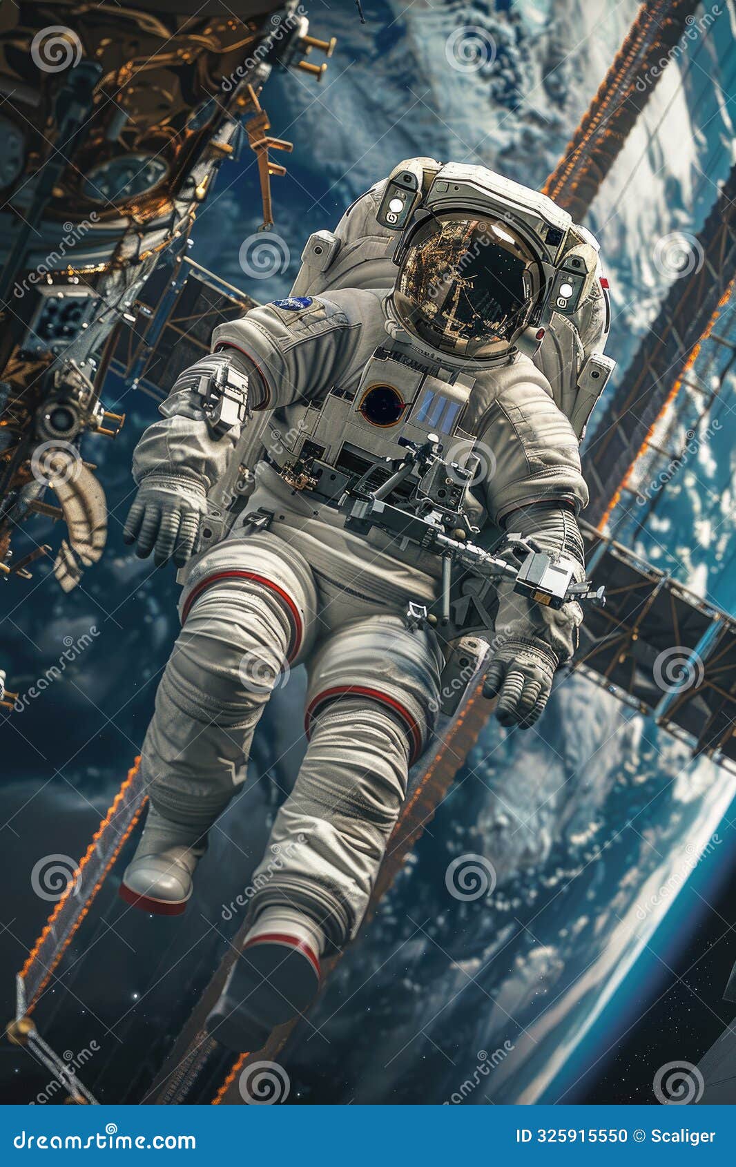 Astronaut in Zero Gravity Against Earth, Spaceman Floating Outside Space Station, Vertical View ...