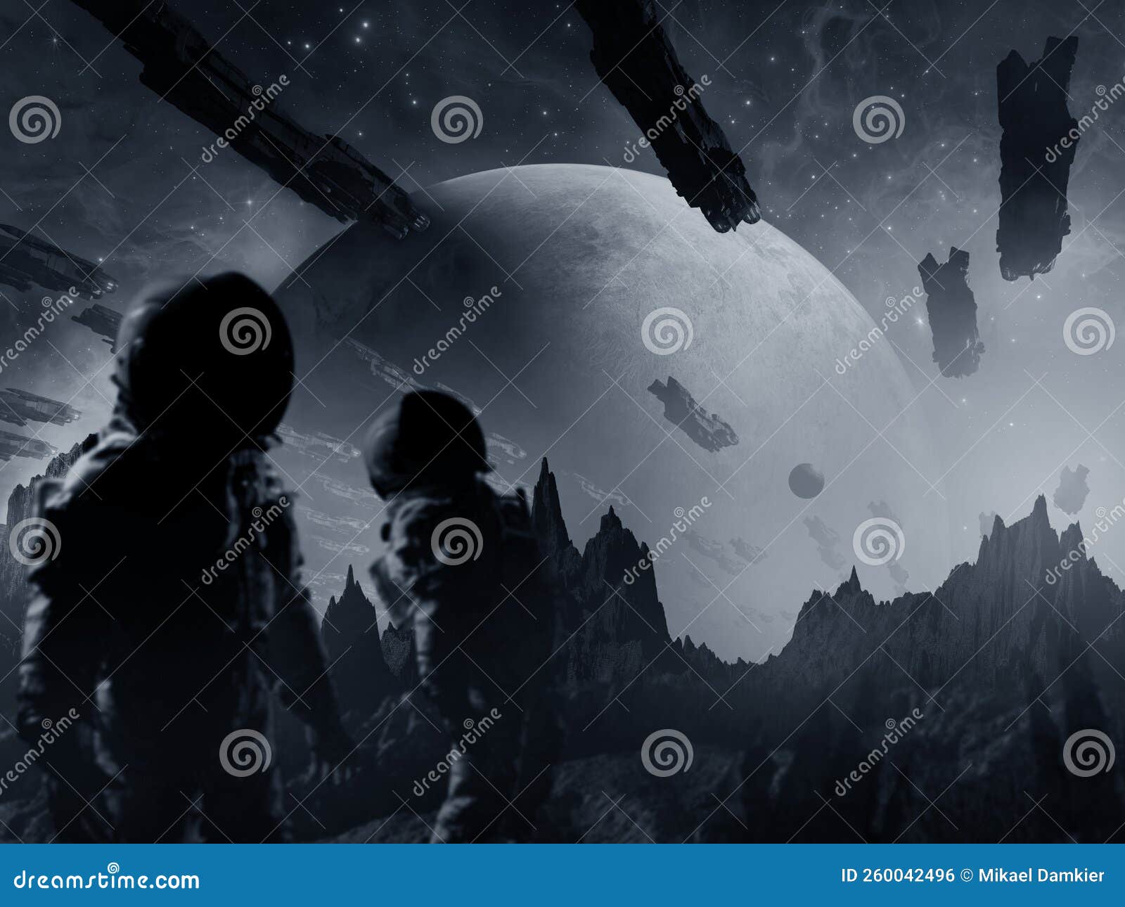 Astronauts On Planet In Deep Space, Spacemen Walk At Alien World ...