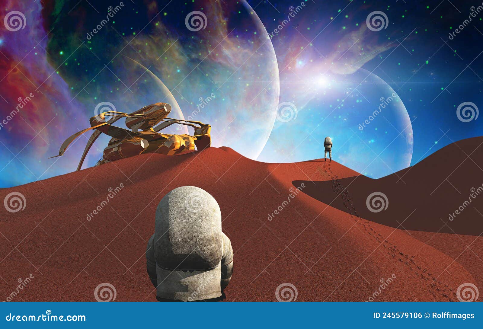 Astronauts On Planet In Deep Space, Spacemen Walk At Alien World ...