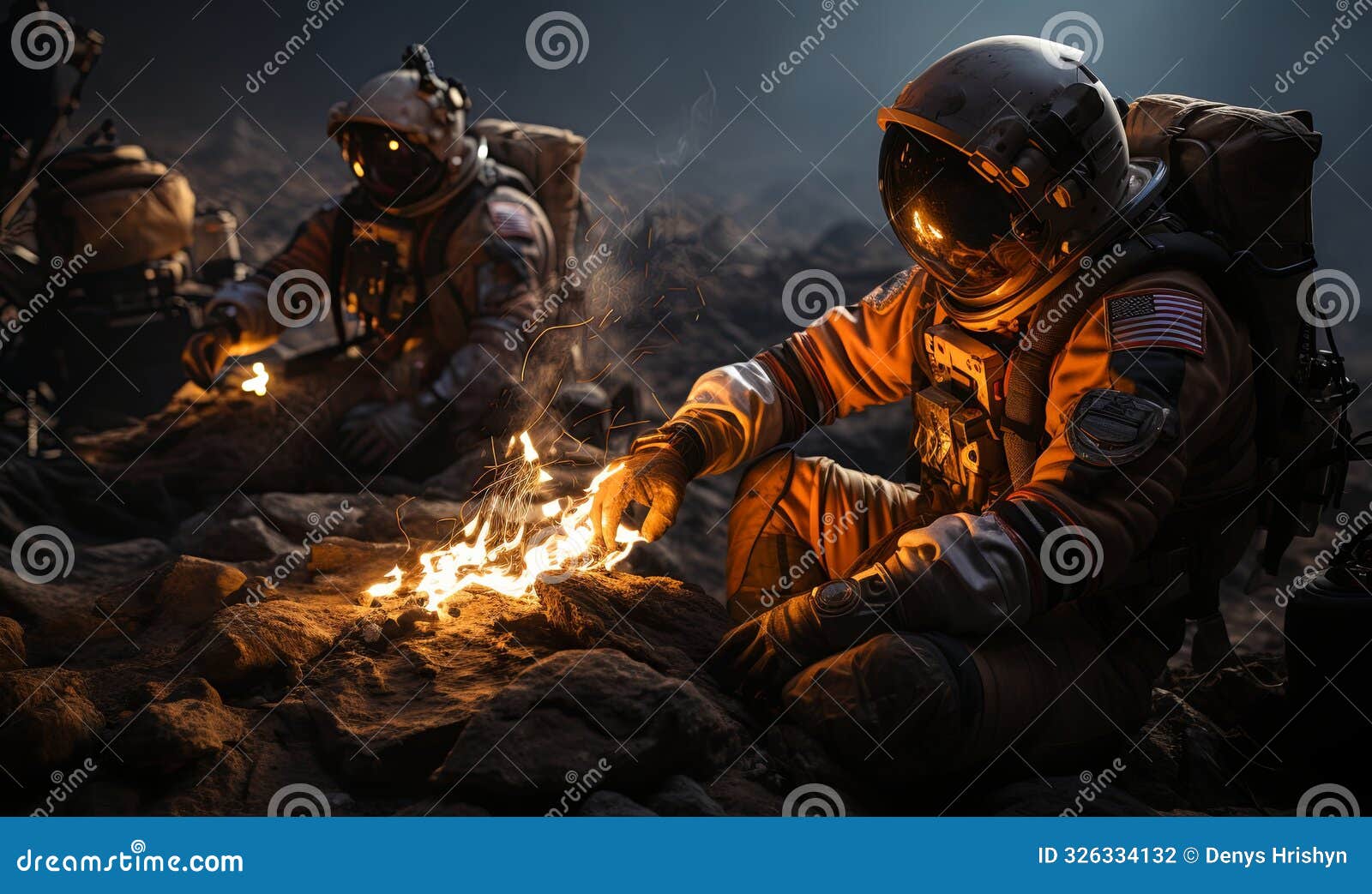 Astronauts Around Martian Campfire Stock Photo - Image of mission ...