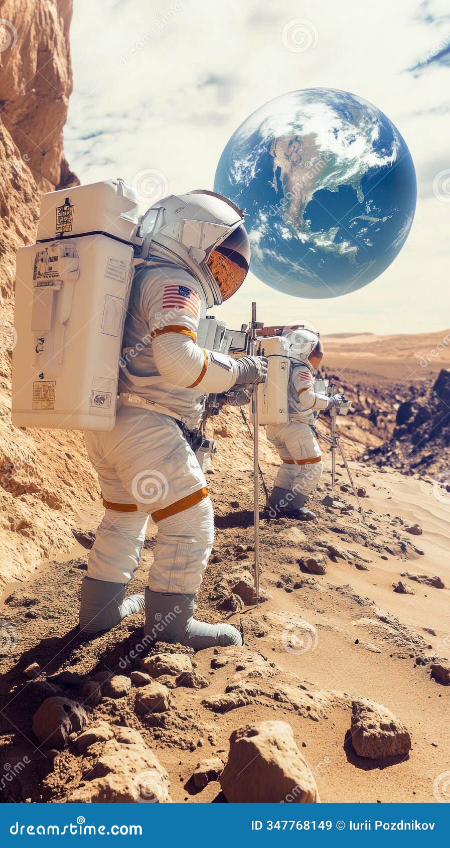 Astronauts Exploring Mars Surface with Earth in Background Stock Image ...