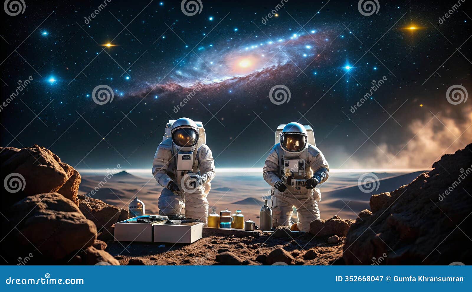 Astronauts Conducting Experiments on Distant Planet Under Starry Sky ...