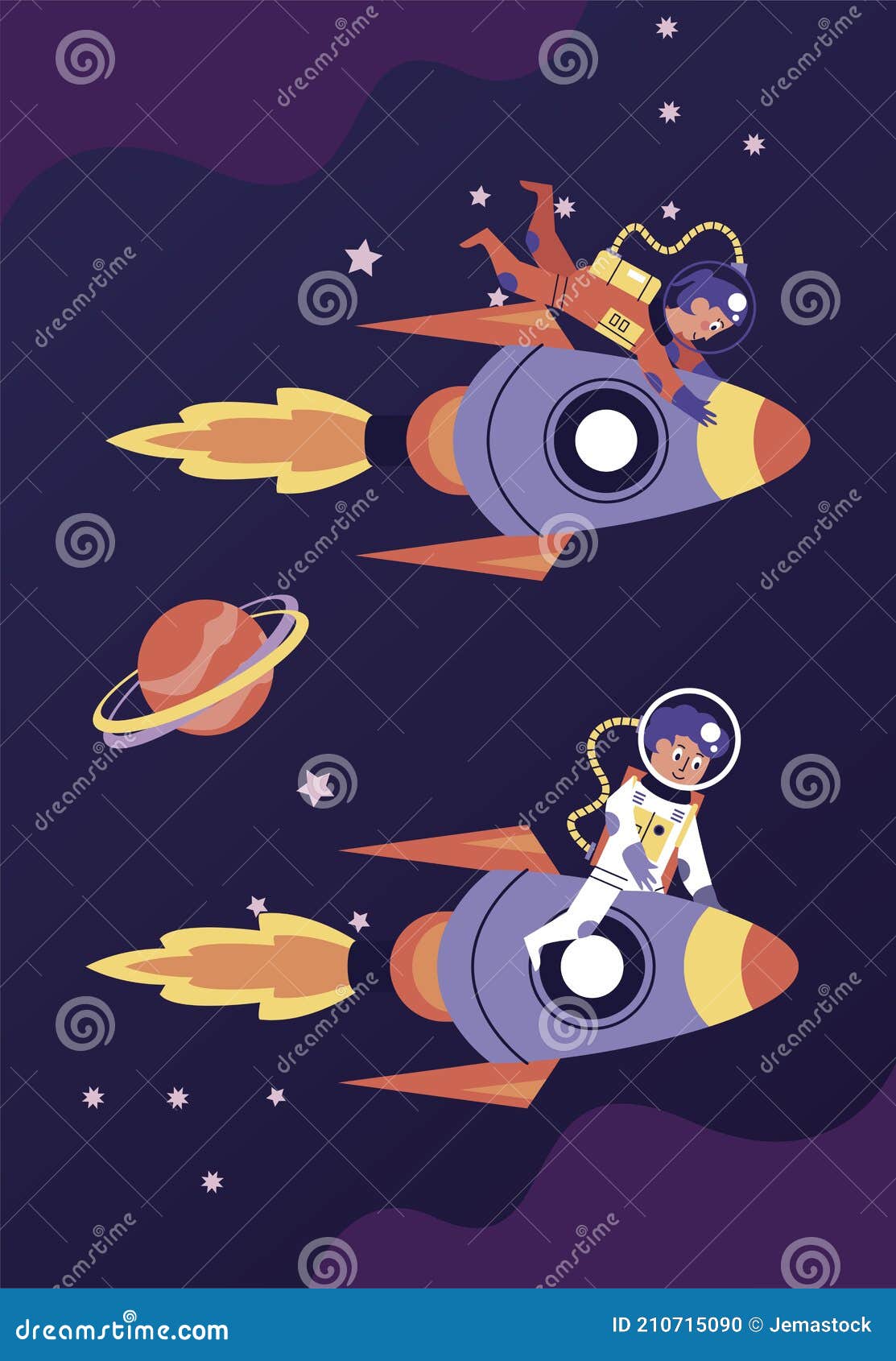Astronauts Couple in Rockets Space Scene Stock Vector - Illustration of ...