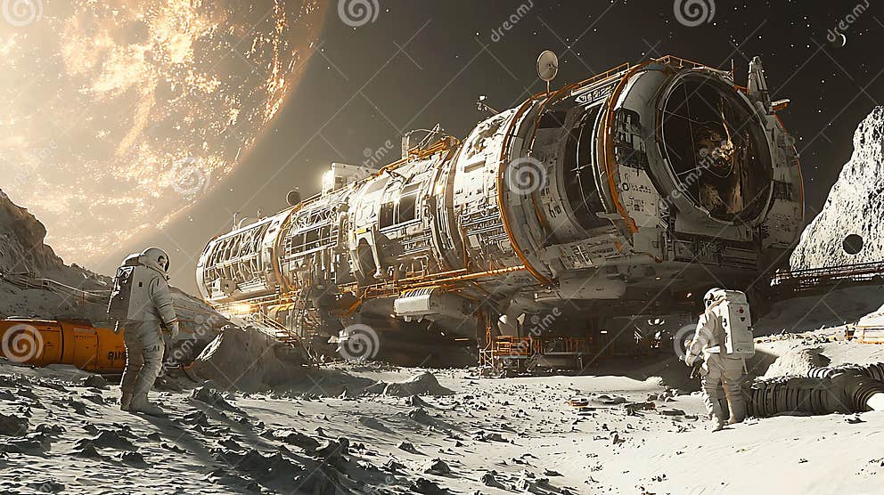 Astronauts Explore a Futuristic Spaceship on a Desolate Moon Stock ...