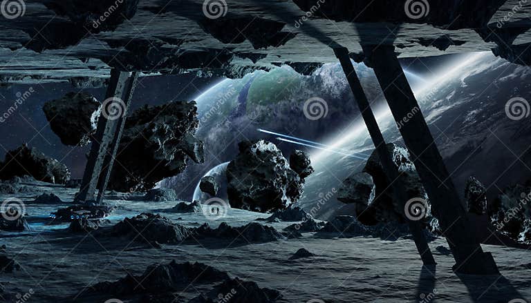 Astronauts Exploring an Asteroid Spaceship 3D Rendering Elements Stock Illustration ...