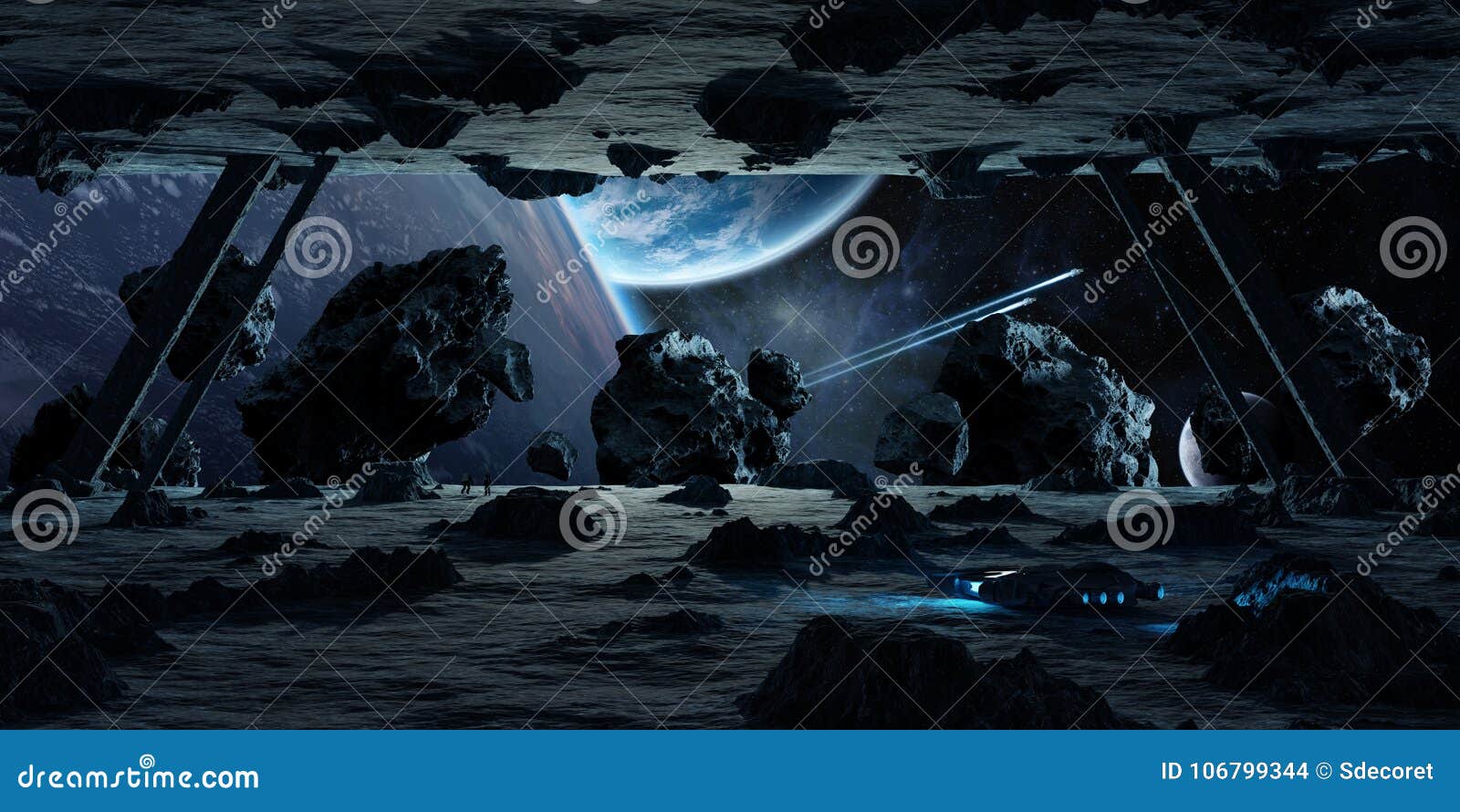 Astronauts Exploring an Asteroid Spaceship 3D Rendering Elements Stock Illustration ...