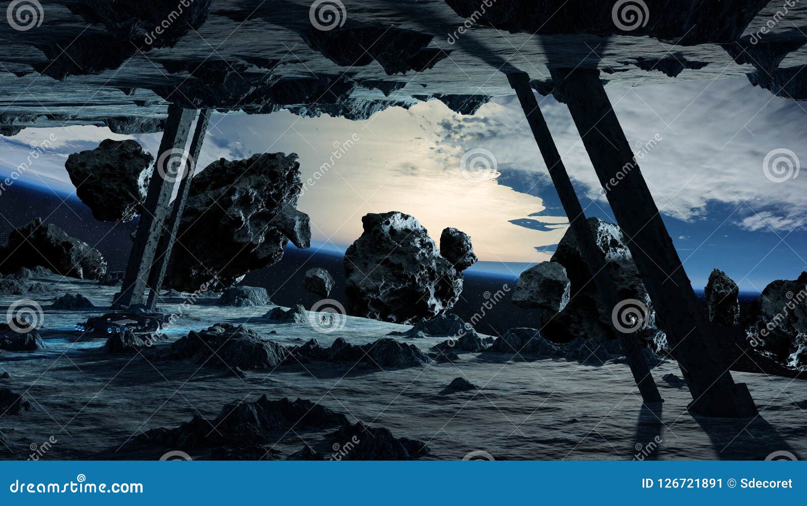 Astronauts Exploring an Asteroid Spaceship 3D Rendering Elements Stock ...