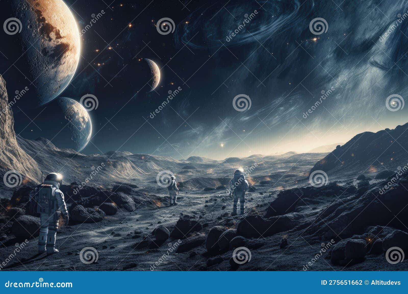 Astronauts Exploring the Unknown in Space, with Distant Stars and ...