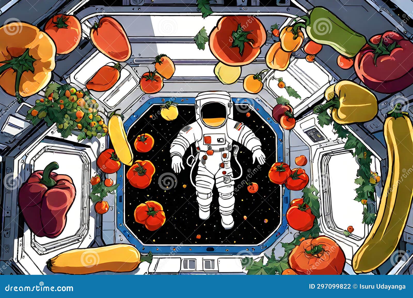 Astronauts and Floating Vegetables and Fruits Inside a Space Station ...