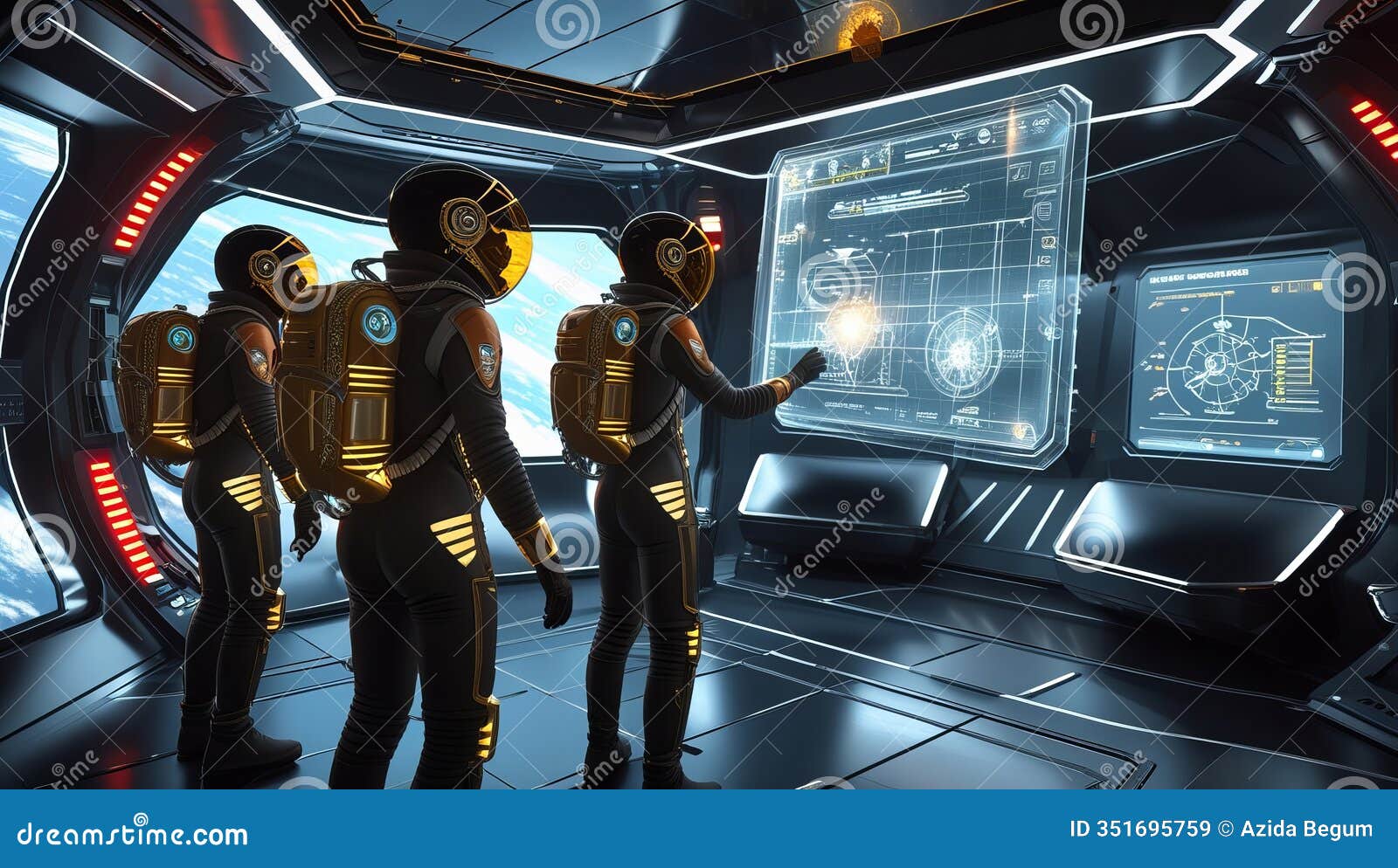 Astronauts in a Futuristic Spacecraft Analyzing Digital Navigation ...