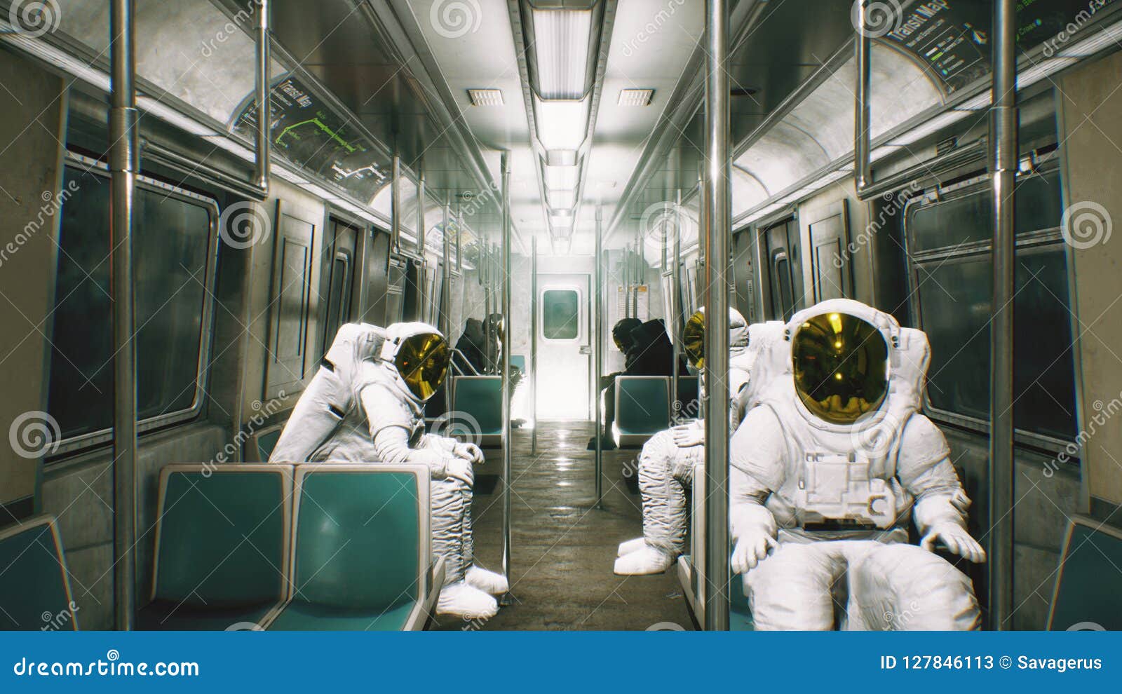Astronauts Go To Work in the Train. Abstract Cosmic Fantasy. 3D ...