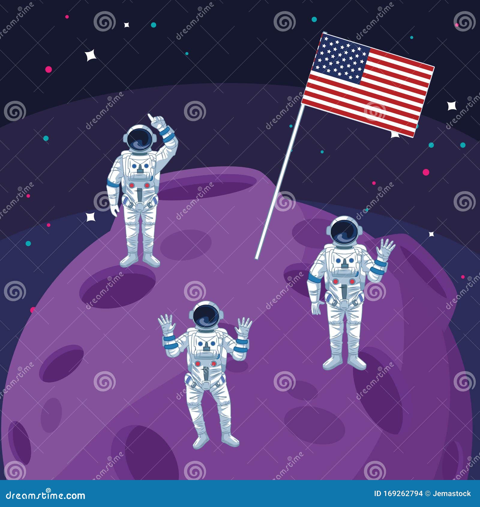 Astronauts Group with American Flag in Moon Space Exploration Stock ...