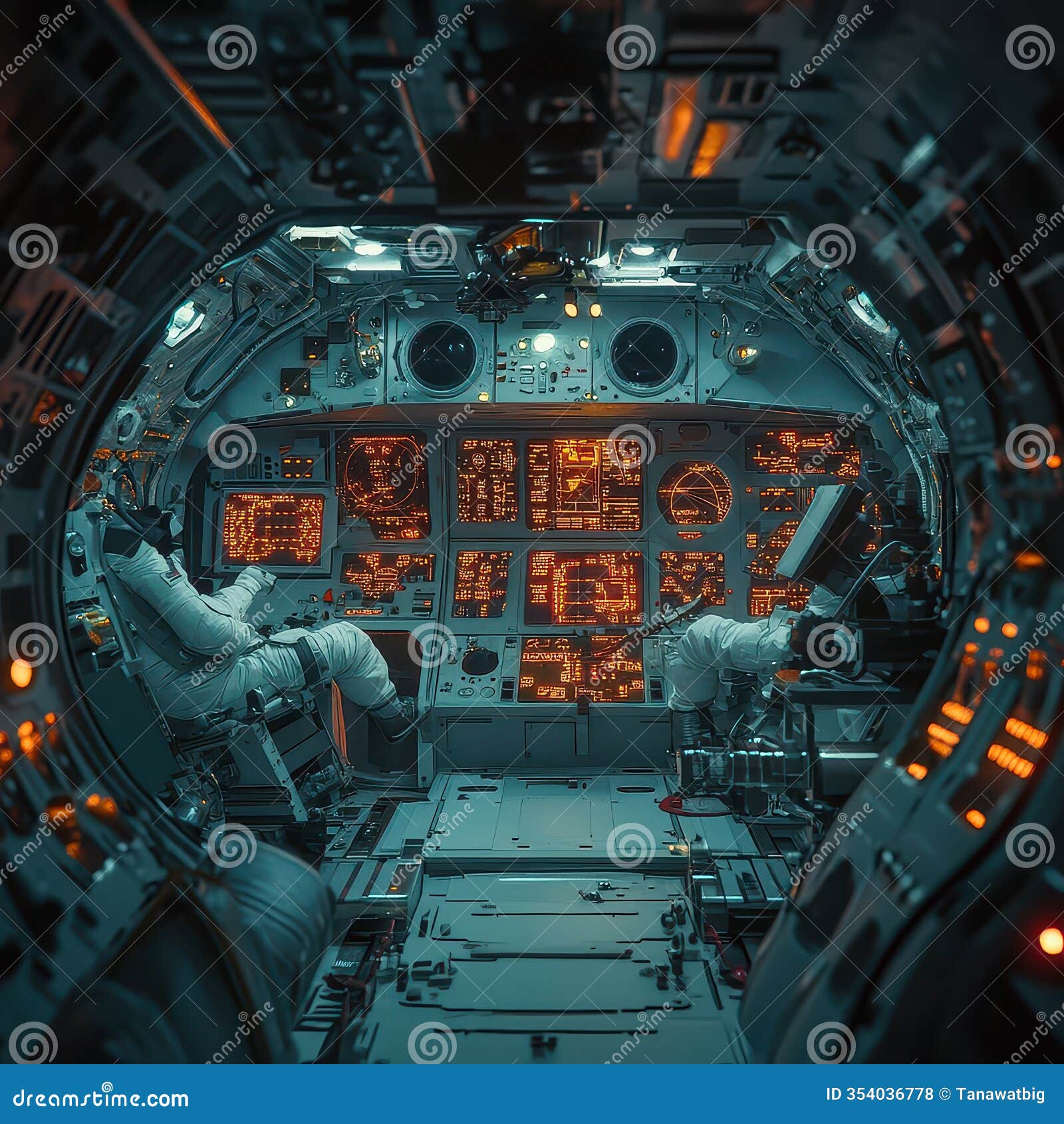 Astronauts in a High-Tech Spacecraft Interior Surrounded by Controls ...
