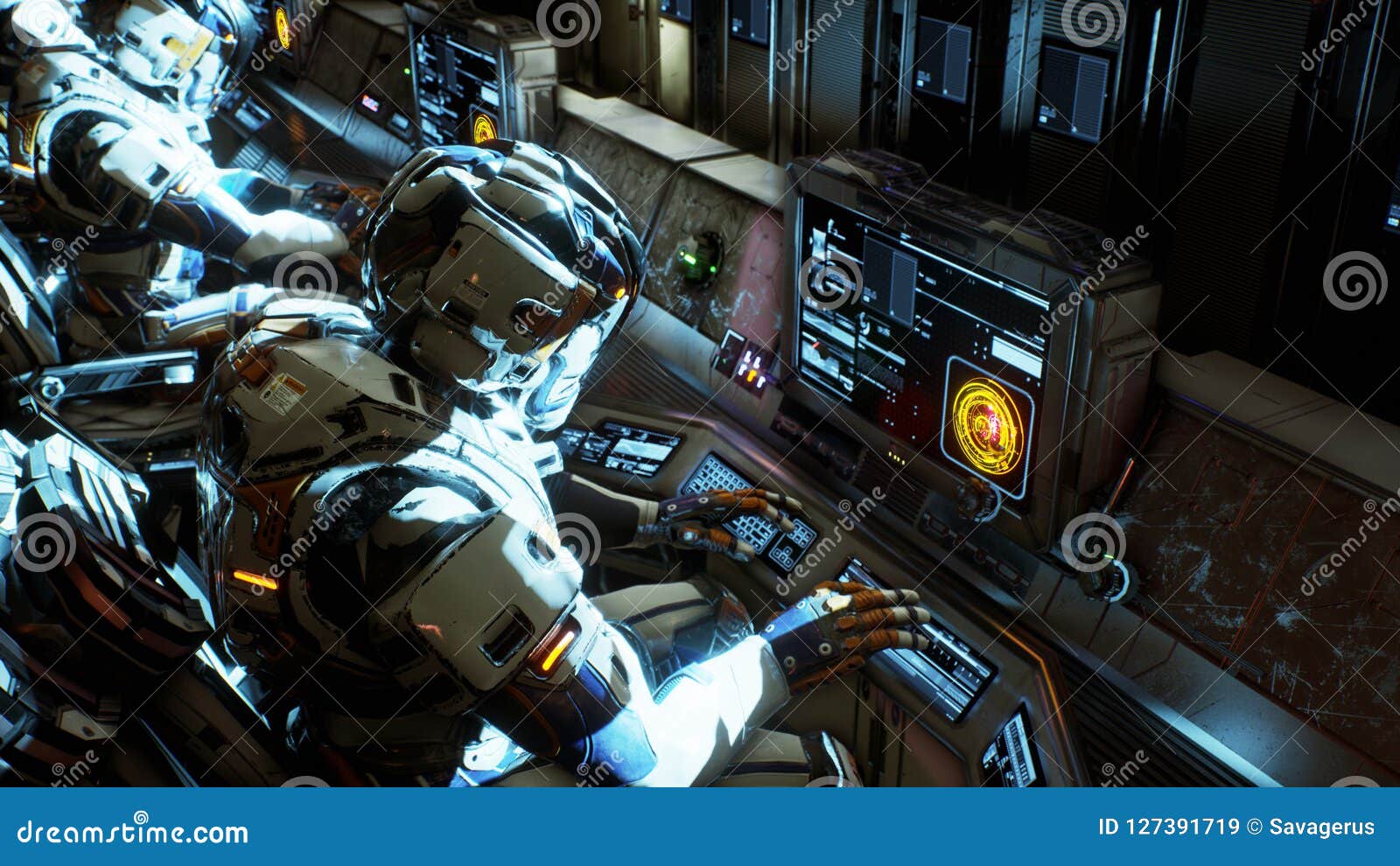 The Astronauts on His Spacecraft Working on a Computer. 3D Rendering ...